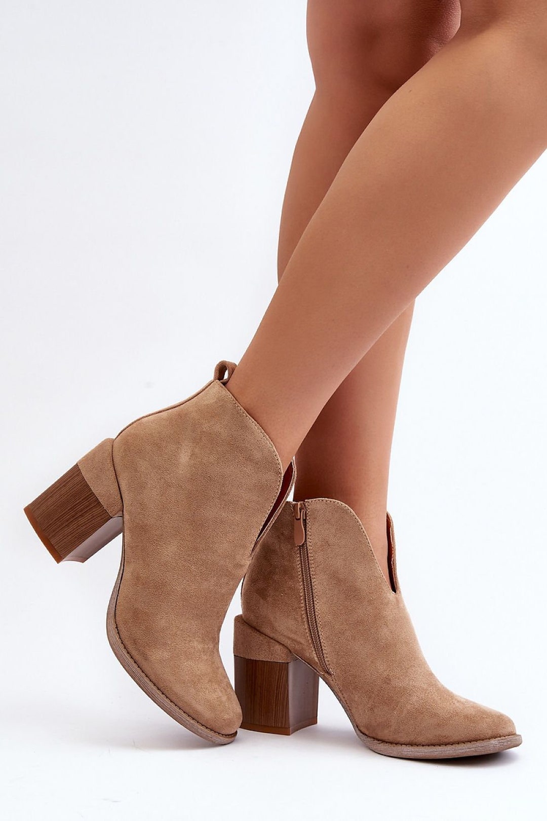 Ladies Beige Ankle Boots With Wooden Effect Heel, Chic Design Ankle ...