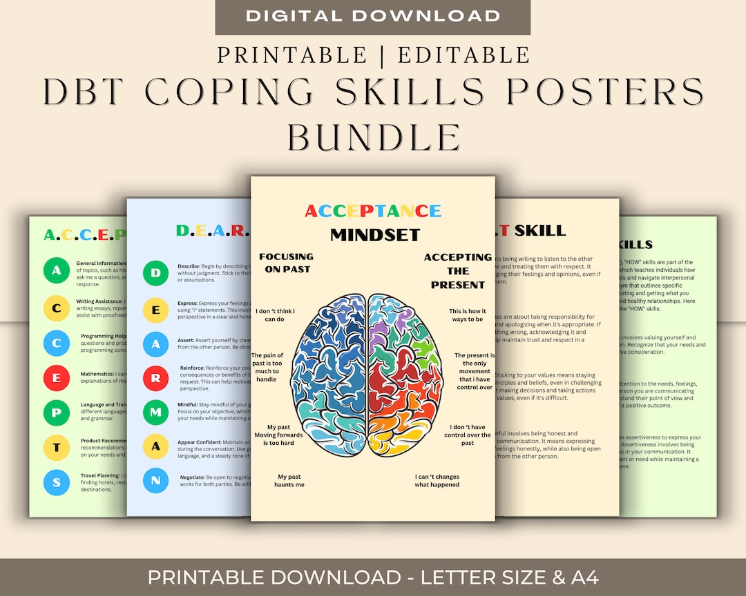 DBT Bundle Coping Skills Printable Poster Handout Cheat Sheet ...