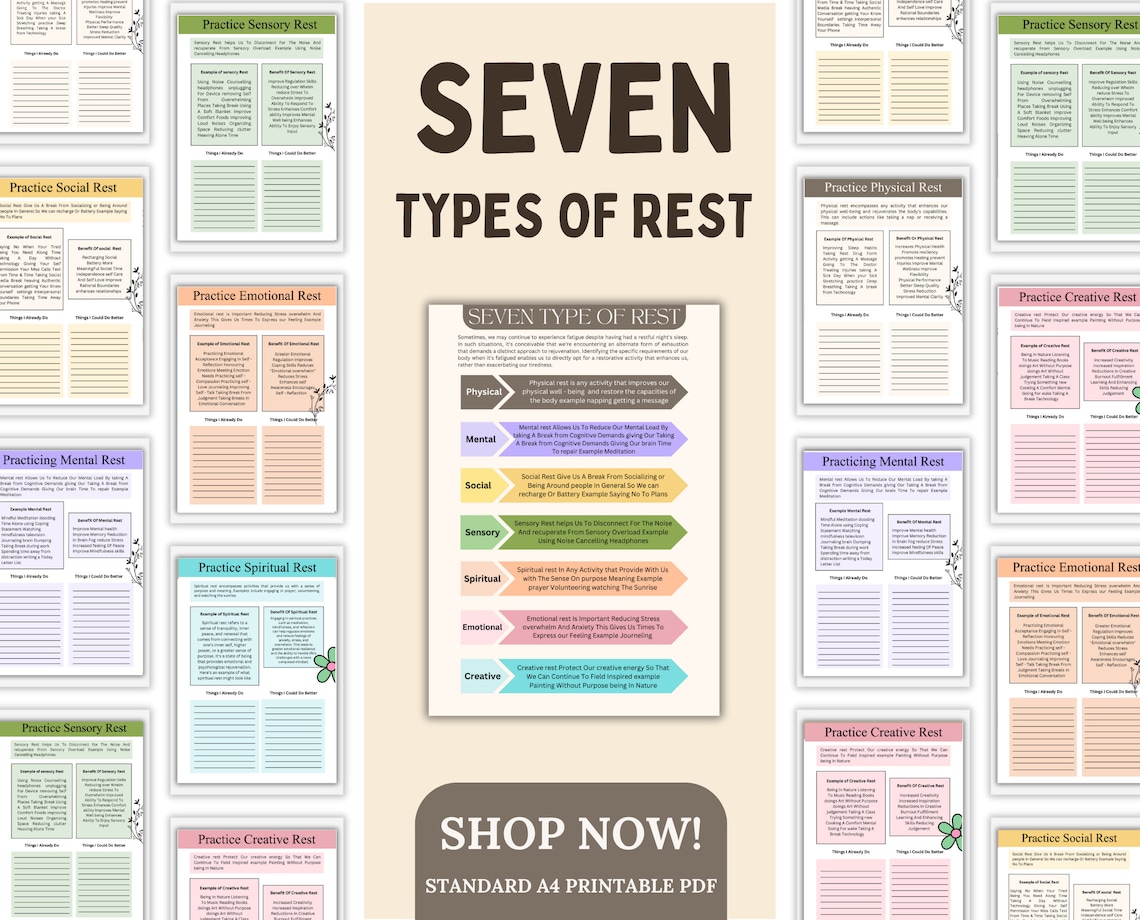 7 Types of Rest Self-care Workbook for Mental Health and Wellbeing ...