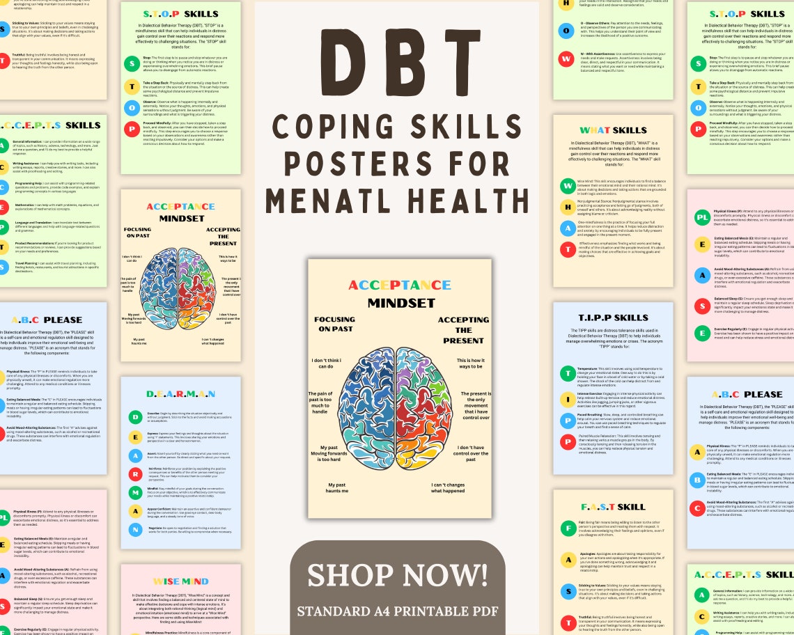 DBT Bundle Coping Skills Printable Poster Handout Cheat Sheet ...