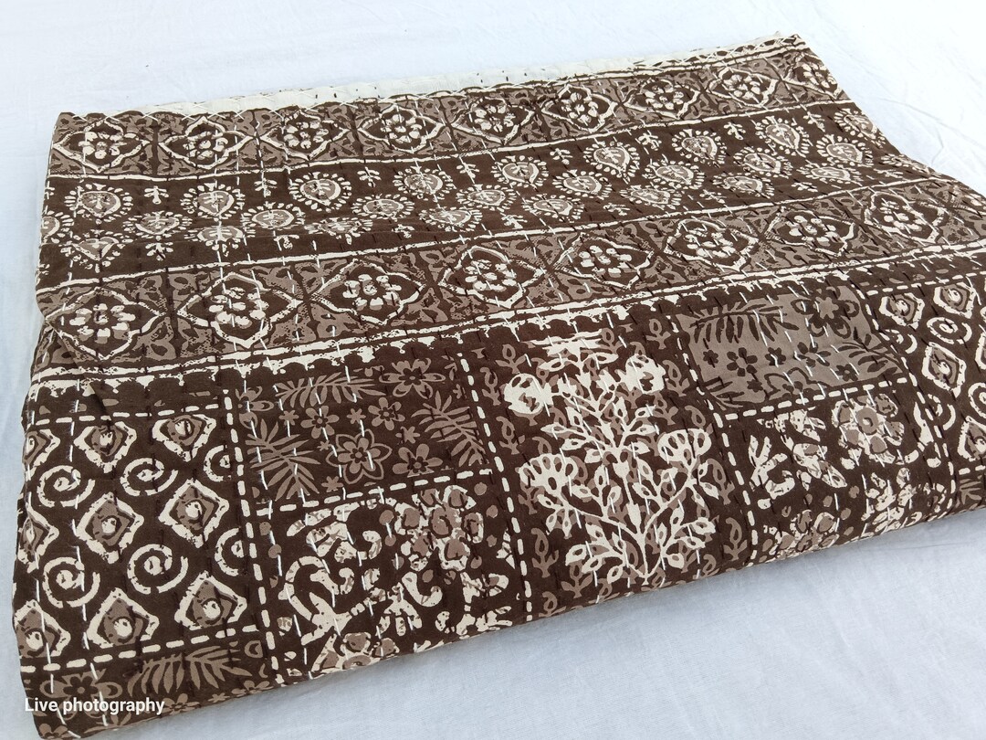Chocolate Brown Throw Blanket Unique Design Handmade Kantha Quilted ...