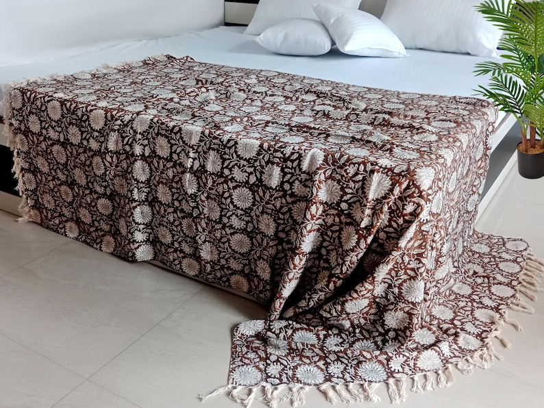 Hand Block Print Cotton Throw Blanket, Boho Sofa Decor With Tassels ...