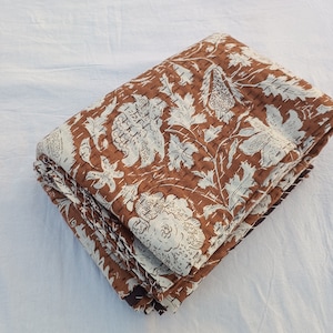 Premium Brown Floral Handmade Kantha Quilt, Boho Bedding Quilted ...