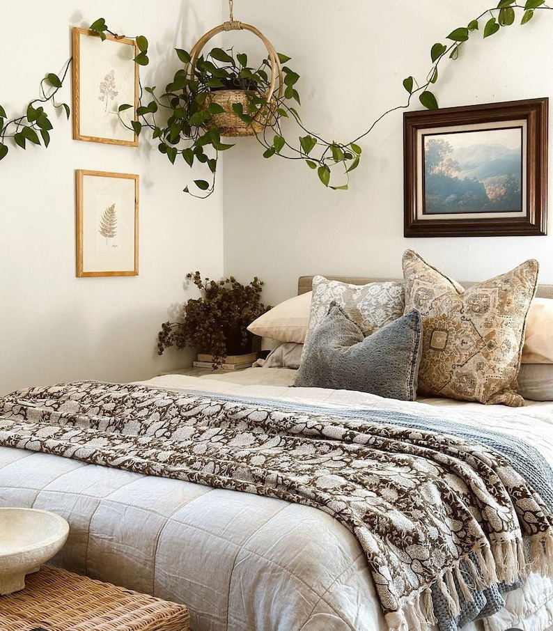 Hand Block Print Cotton Throw Blanket, Boho Sofa Decor With Tassels ...