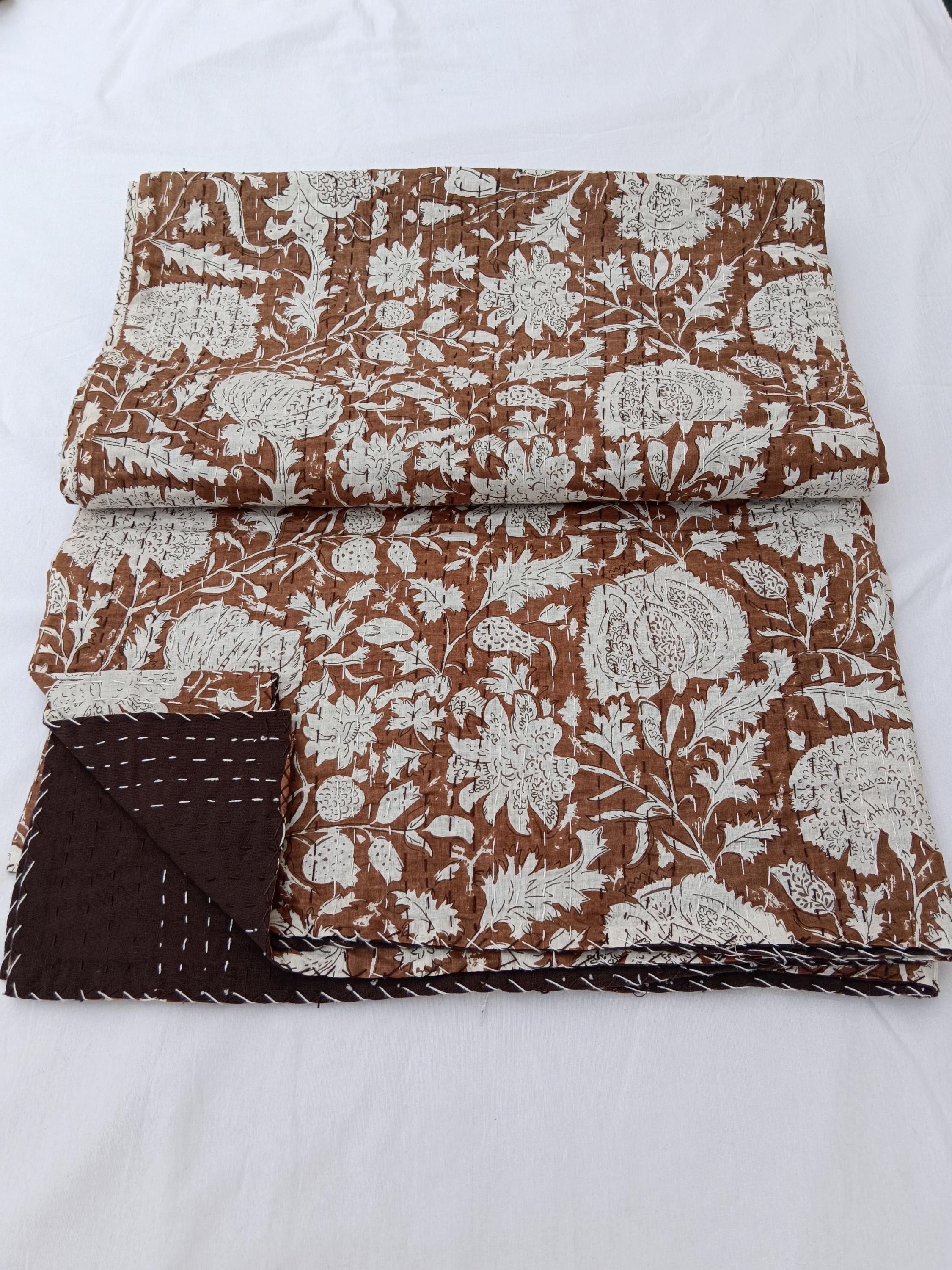 Premium Brown Floral Handmade Kantha Quilt, Boho Bedding Quilted ...