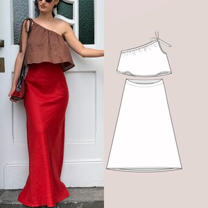 One Shoulder Crop Top and Maxi Skirt Pattern Easy Sewing Template Tie ...