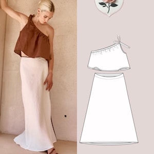 One Shoulder Crop Top and Maxi Skirt Pattern Easy Sewing Template Tie ...