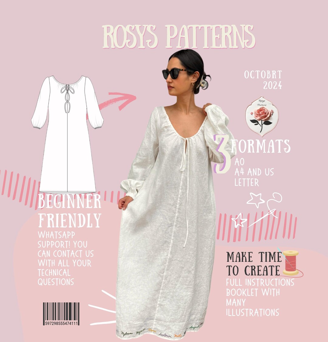 Linen Long Sleeve Dress Pattern Maxi Smock Dress Pattern Easy Sewing ...