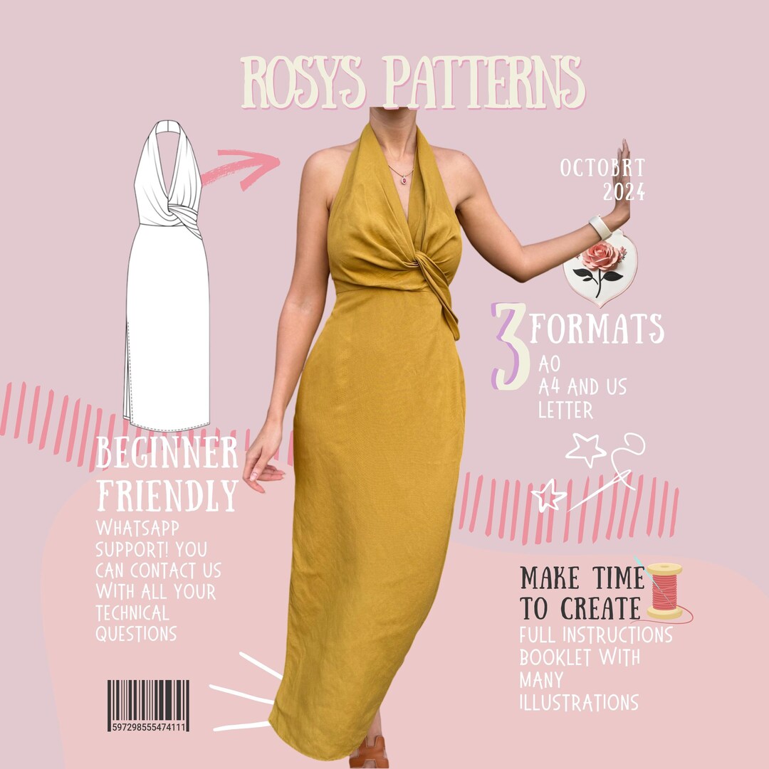 Halter Dress Pattern Front Twist Midi Dress PDF Beginning Pattern Diy ...