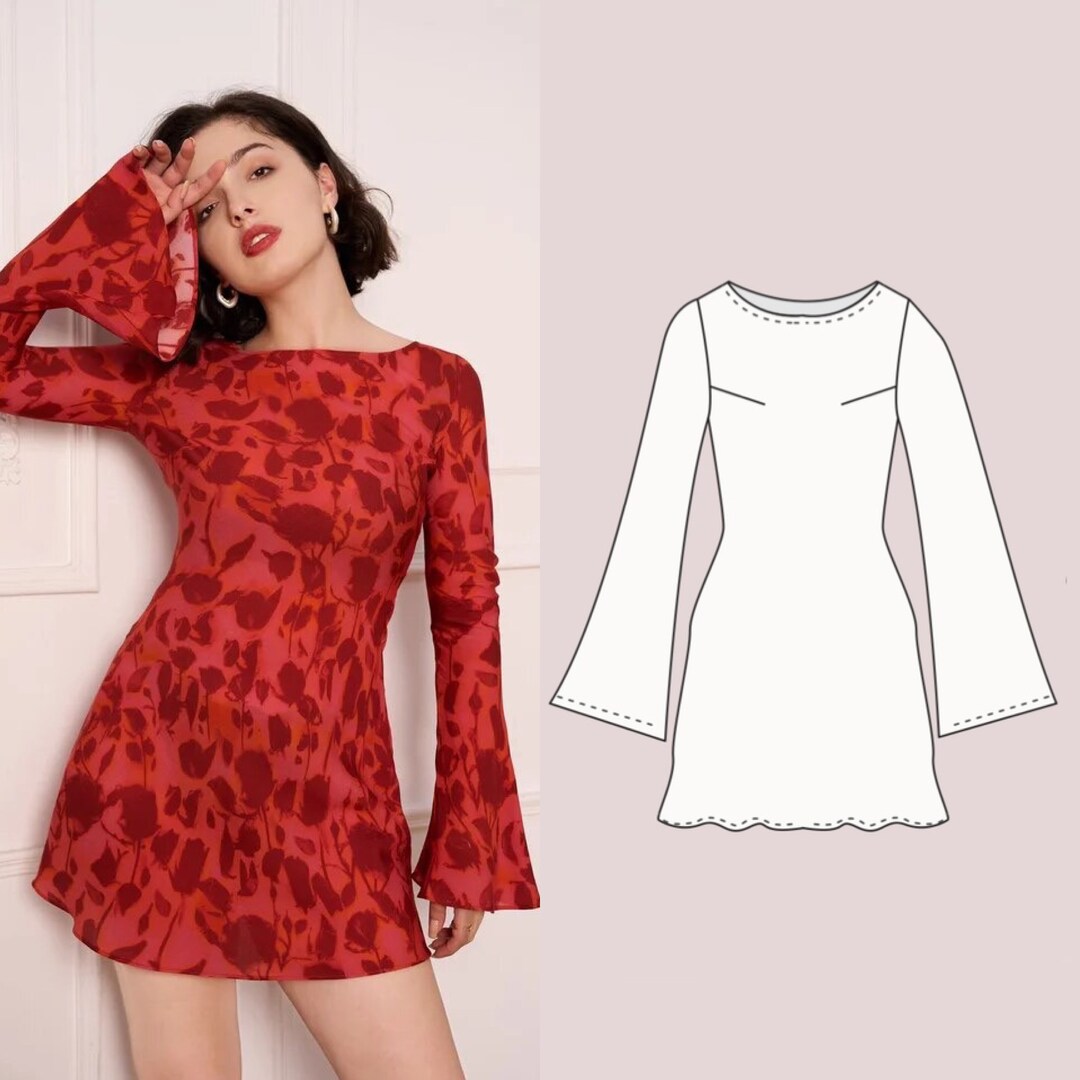 Long Bell Sleeve Mini Dress Maxi Dress Silk Mini Dress PDF Cocktail ...