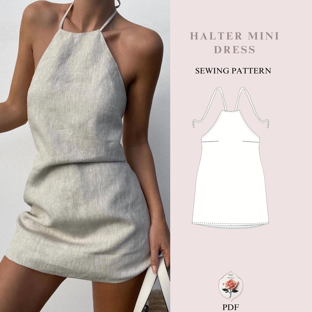 Linen Halter Mini Dress Pattern Backless Dress Pattern Tie Neck Dress ...