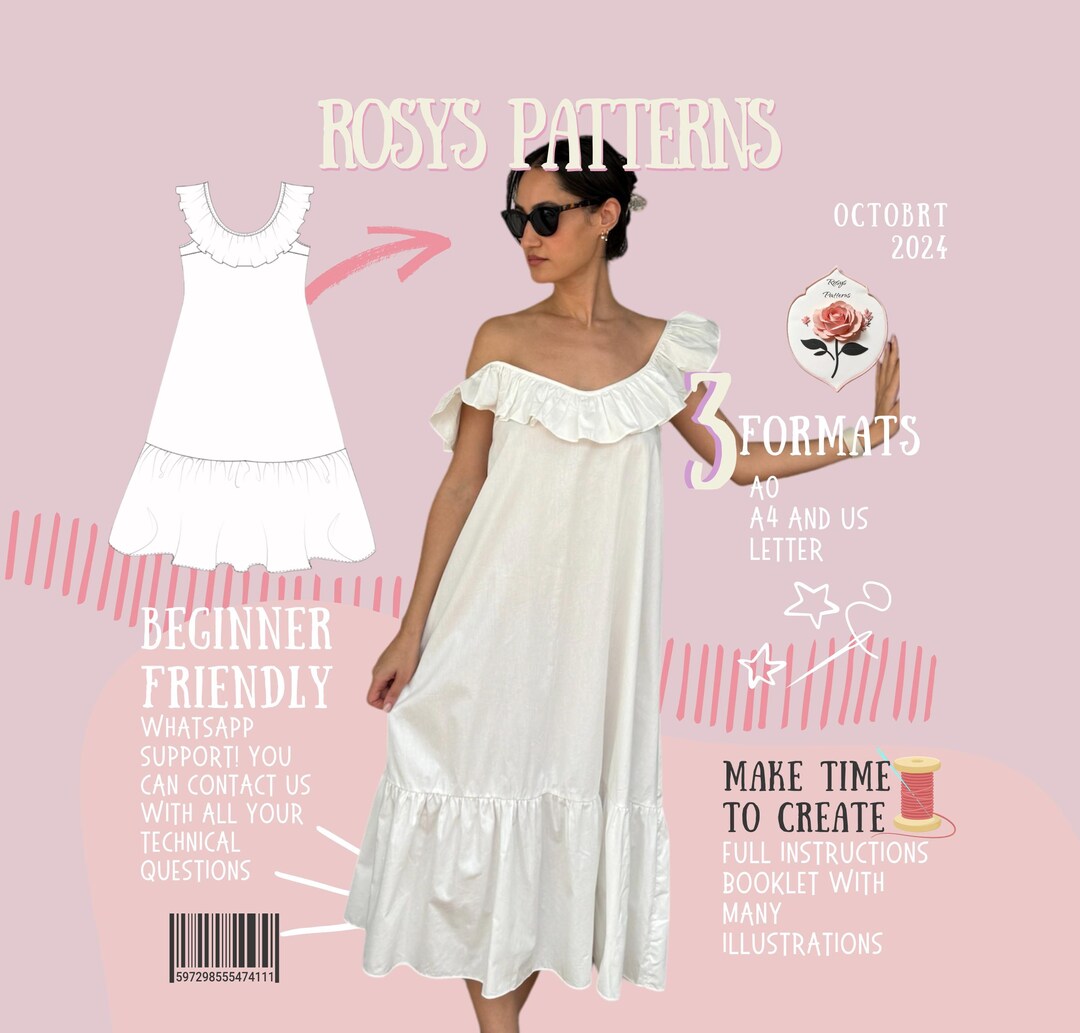 PDF Pattern Ruffle Dress Summer off Shoulder Digital Sewing Patterns ...