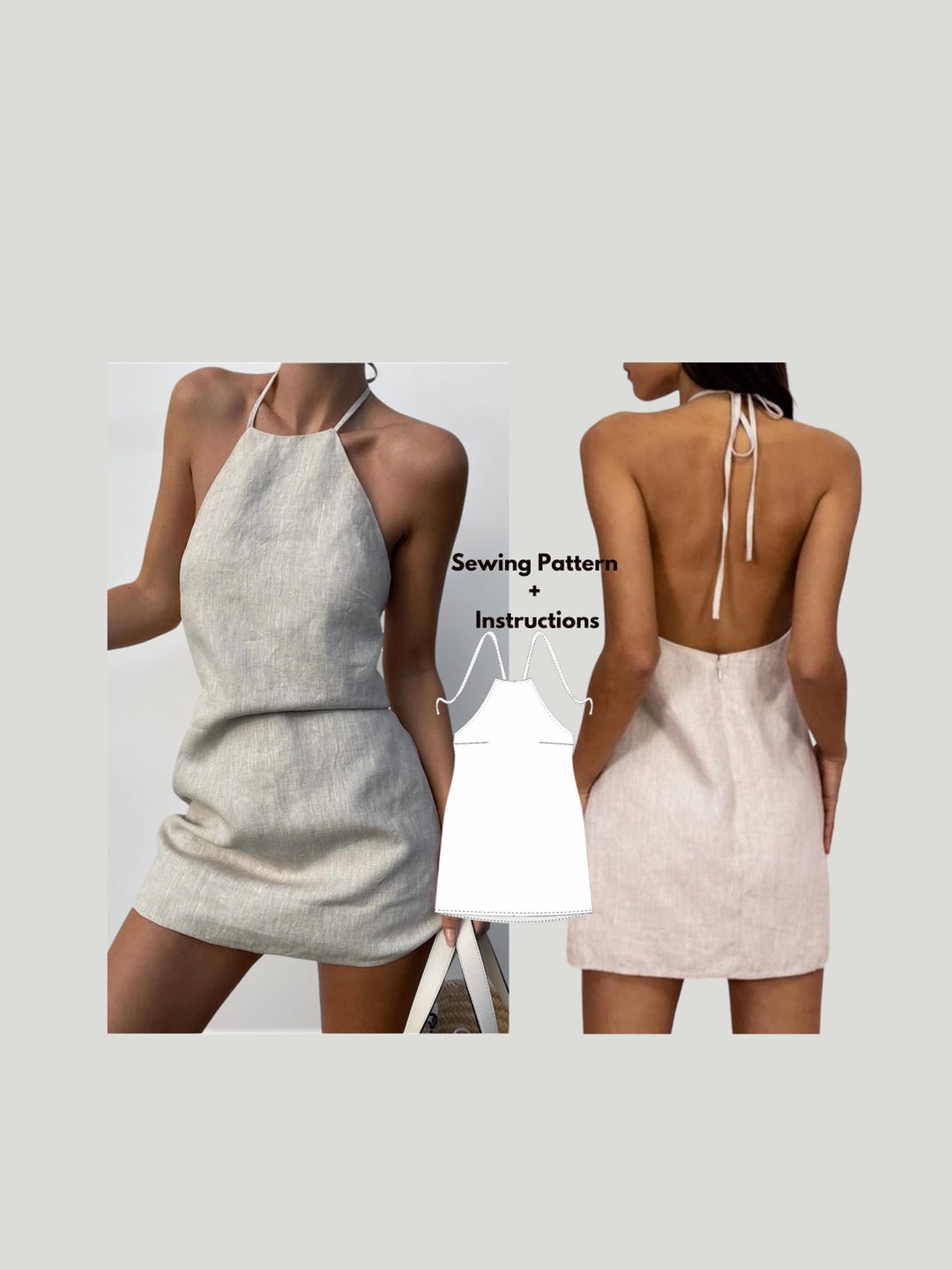 Linen Halter Mini Dress Pattern Backless Dress Pattern Tie Neck Dress ...