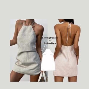 Linen Halter Mini Dress Pattern Backless Dress Pattern Tie Neck Dress Easy Sewing PDF Summer ...