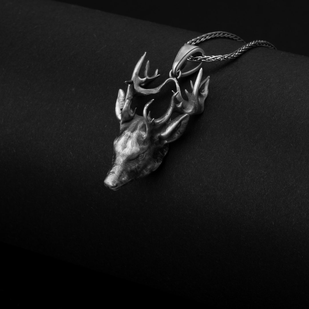 Deer Head Necklace, Silver Deer Pendant, Stag Head Charm, Majestic Stag ...