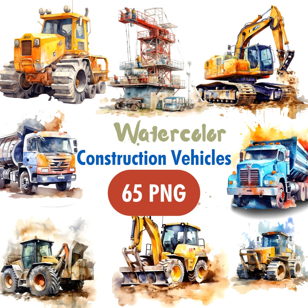 Watercolor Construction Vehicle Clipart: Cement ,dump Truck, Bull Dozer ...