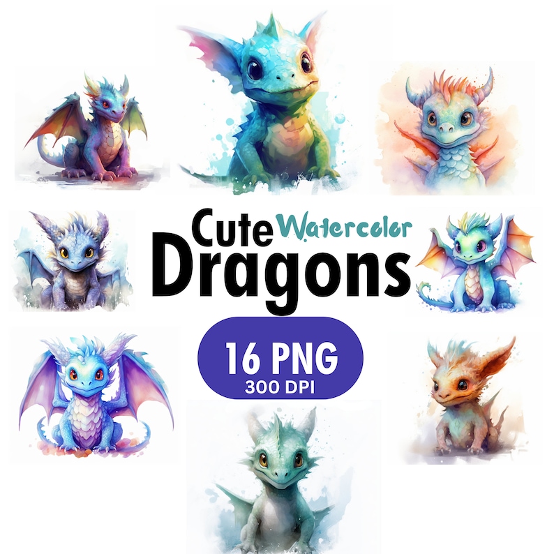 Cute Watercolor Dragons Clipart Charming Dragon Art PNG Files Included ...