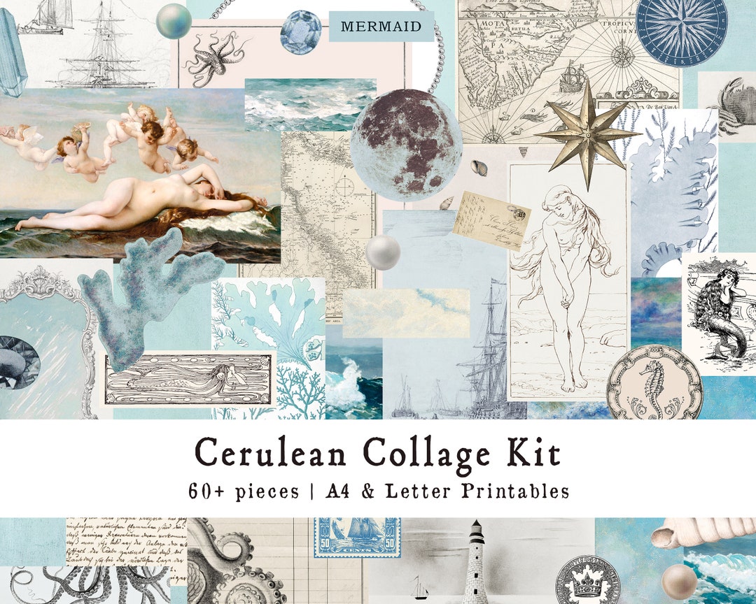 CERULEAN Vintage Collage Kit, Collage Sheet, Mermaid, Ocean, Sea ...