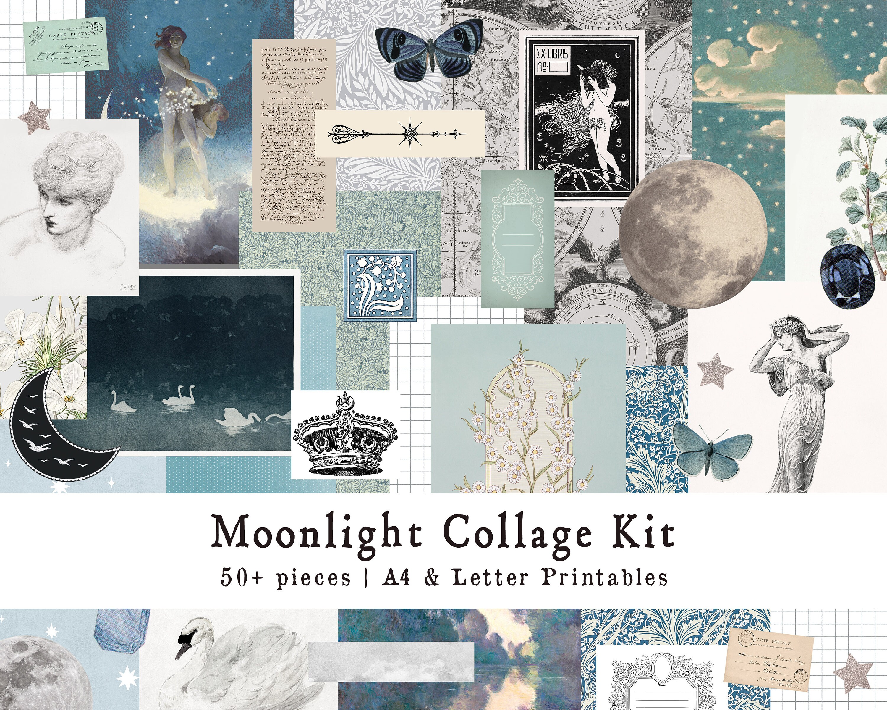 MOONLIGHT Vintage Collage Kit, Collage Sheet, Moon, Mystical, Celestial ...