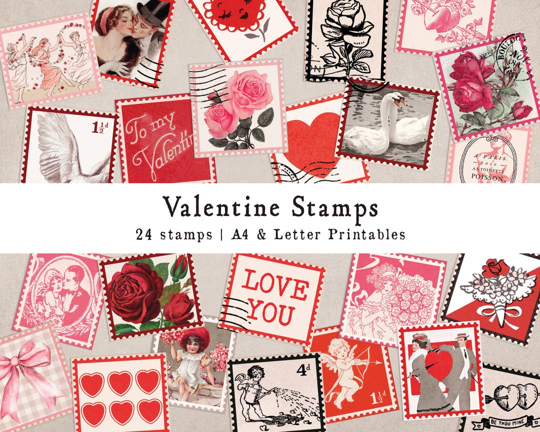 VALENTINE Stamps, Printable, Collage Sheet, Valentine's Day Cute ...