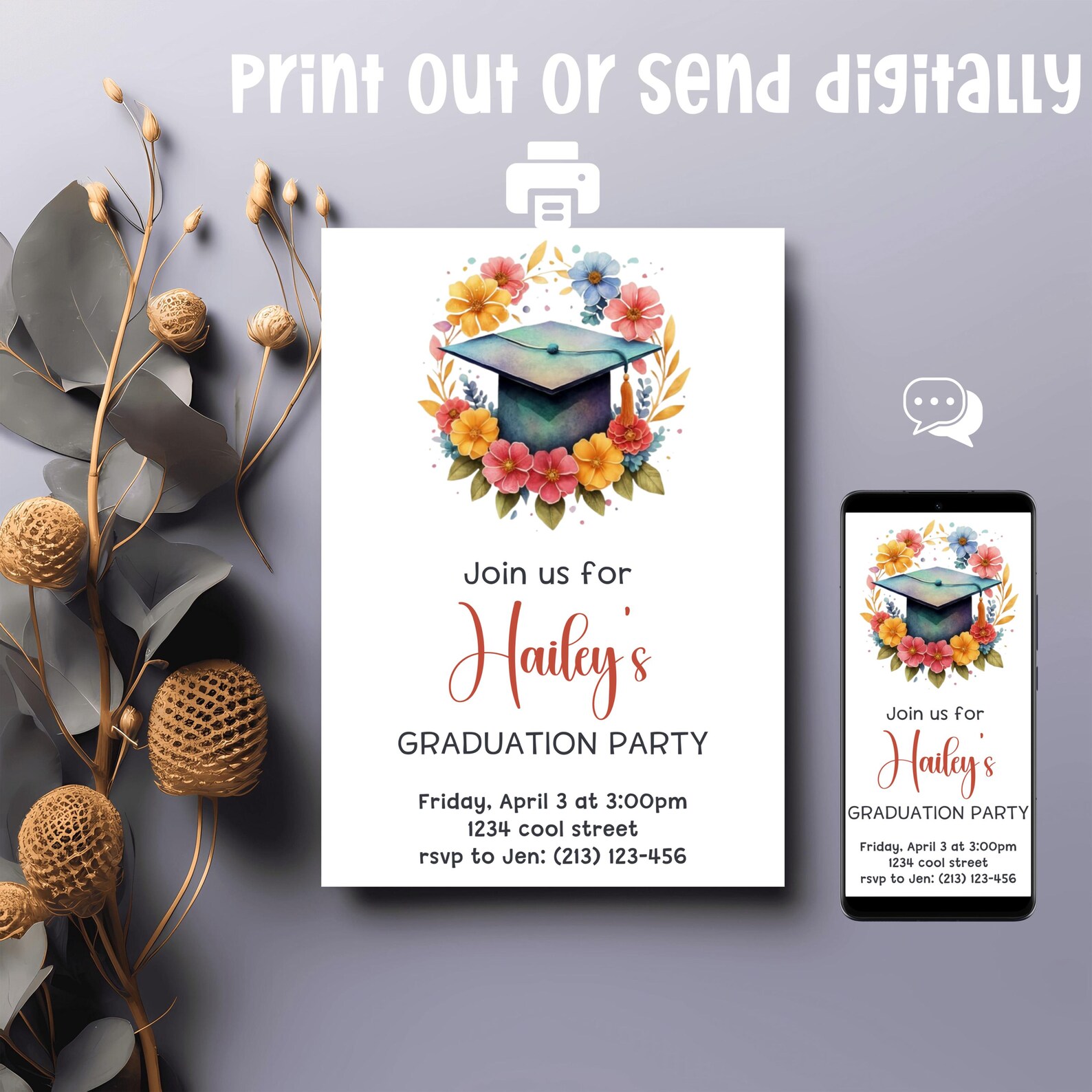 Editable Wildflower Graduation Invitation, Wildflower Graduation ...