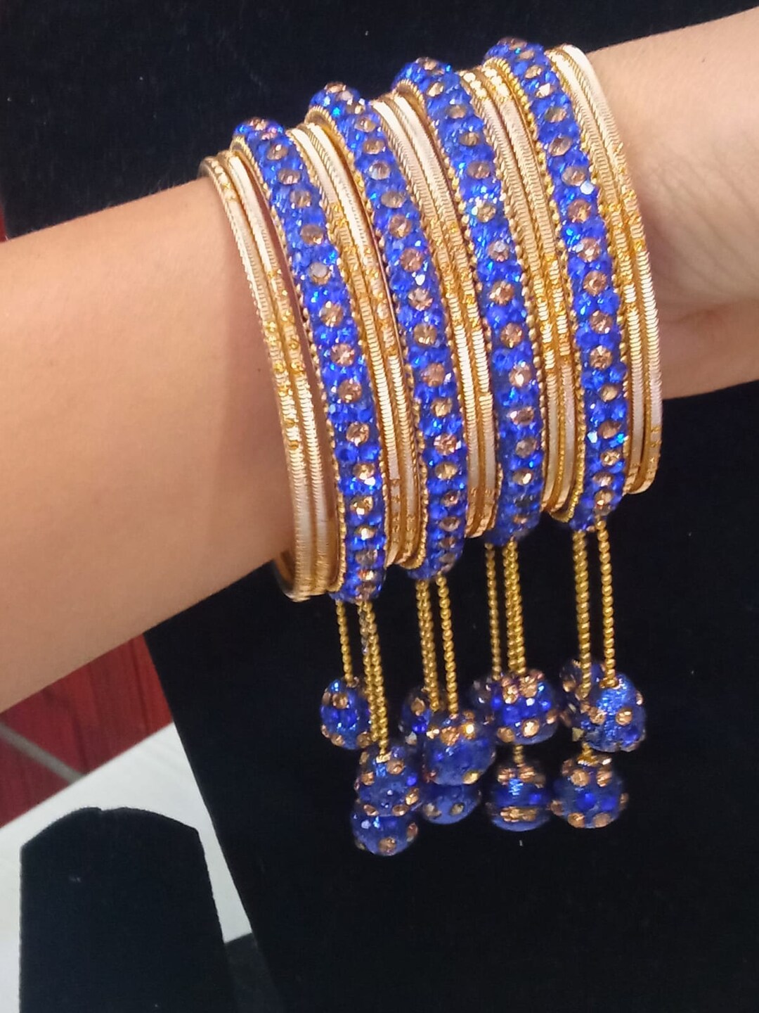 Indian Sparkling Crystal Stone Gold Hanging Latkan Blue Golden Bangles ...
