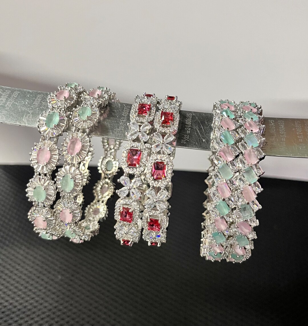 Indian Silver Tone American Diamond Mint Color Zircon Bangles Bracelet Set, Ethnic Wedding ...