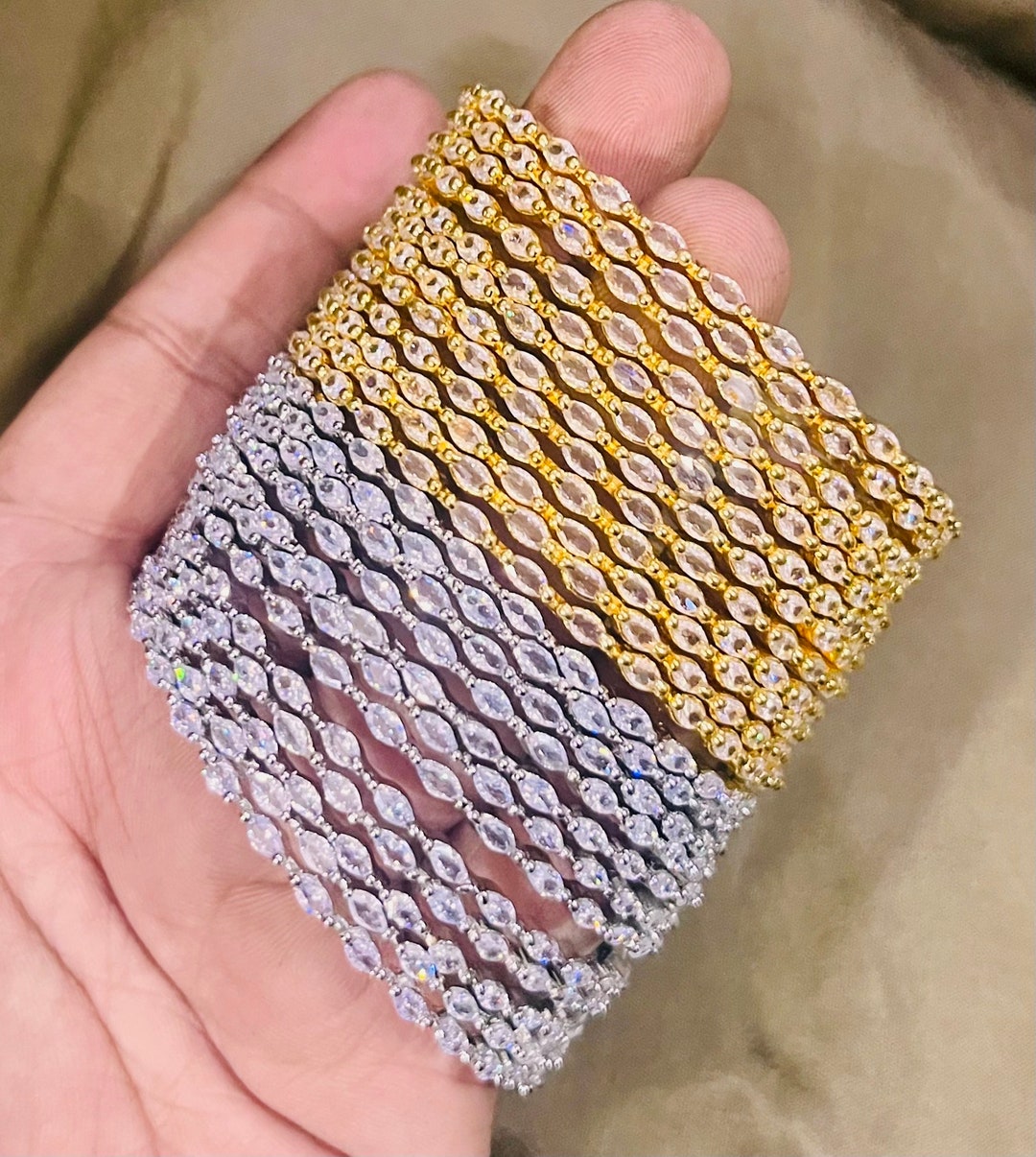 Indian 12 Pc White-gold Tone Bangle Churi CZ Zircon Bangles Bracelet ...