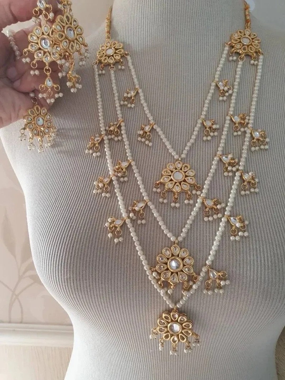 Indian Long Multi Layer Kundan Necklace Rani Haar Earrings Set Wedding ...