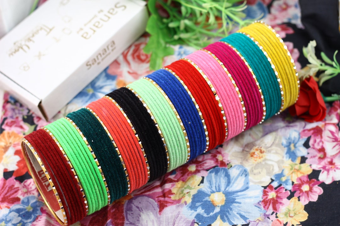 Sanara 12 Multi Color Metal Churi Velvet Bangles Bracelet Set Wedding ...