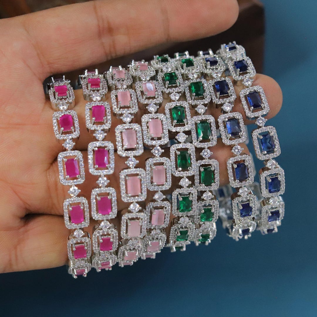 Indian American Diamond 2 Pc Green Ruby Pink Zircon Bangles Bracelet Set Engagement Wedding ...
