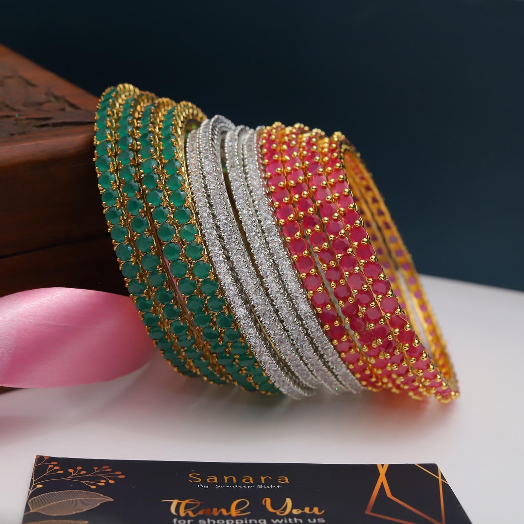 Indian Gold Tone AD Ruby Pink Green Crystal Stone Bangles Bracelet Set Wedding Costume CZ Zircon ...