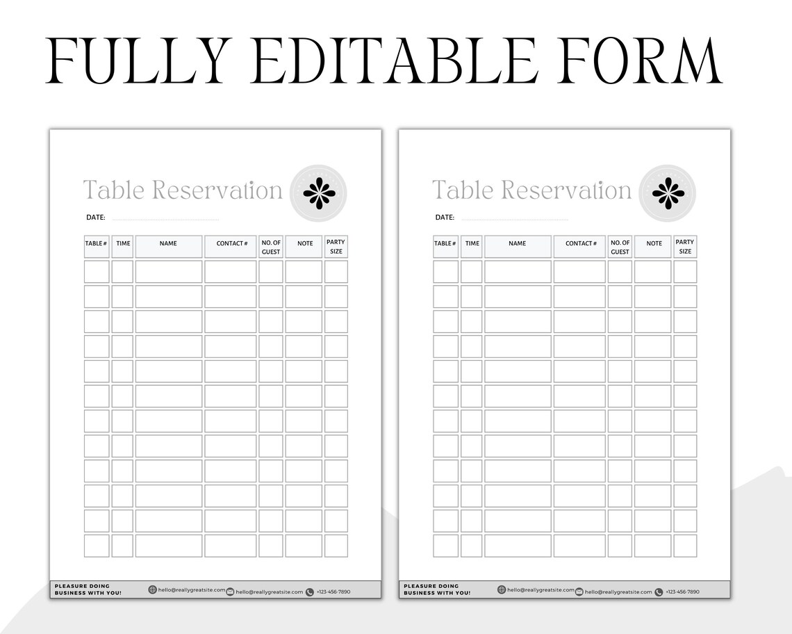 Printable Table Reservation List, Restaurant Table Reservation Form ...