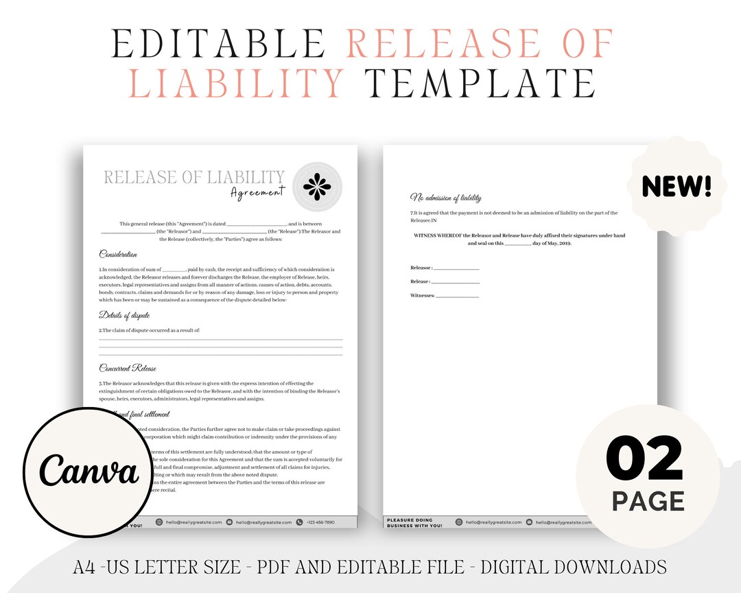 Editable Release of Liability, Release of Liability Template, Liability ...