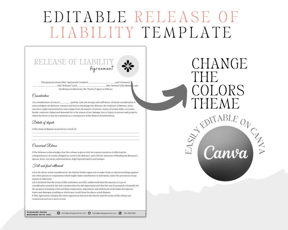 Editable Release of Liability, Release of Liability Template, Liability ...