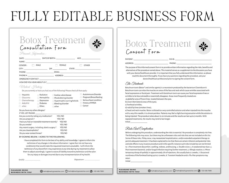 Professional Botox Treatment Form, Botox Consent Form, Esthetician ...