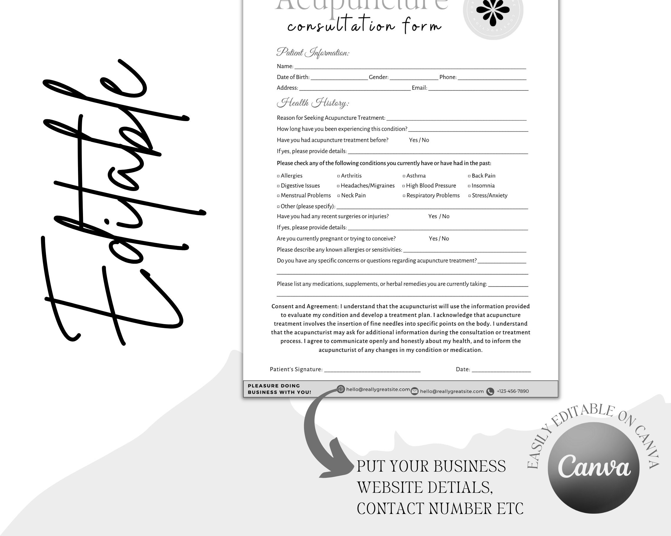Editable Acupuncture Consultation & Consent Forms, Client Intake, Acupuncture Consent ...