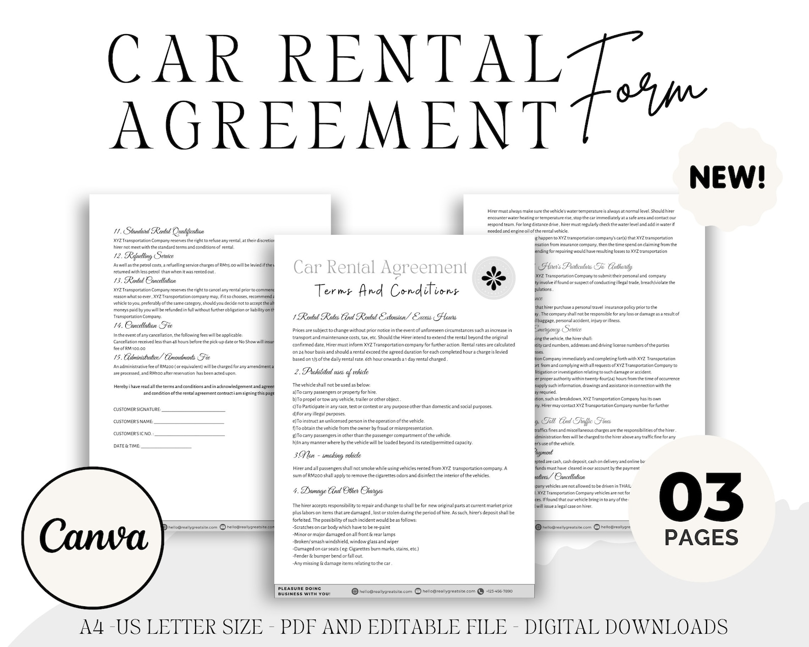 Editable Car Rental Agreement Template, Vehicle Rental Agreement, Car ...