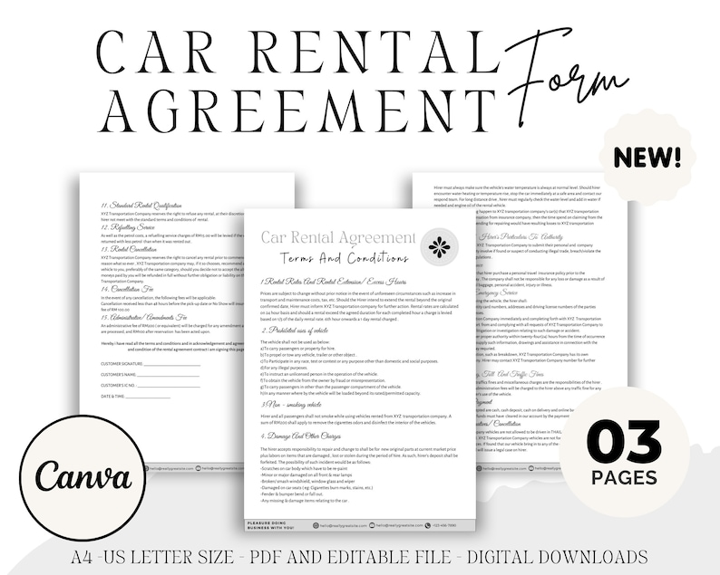 Editable Car Rental Agreement Template, Vehicle Rental Agreement, Car ...