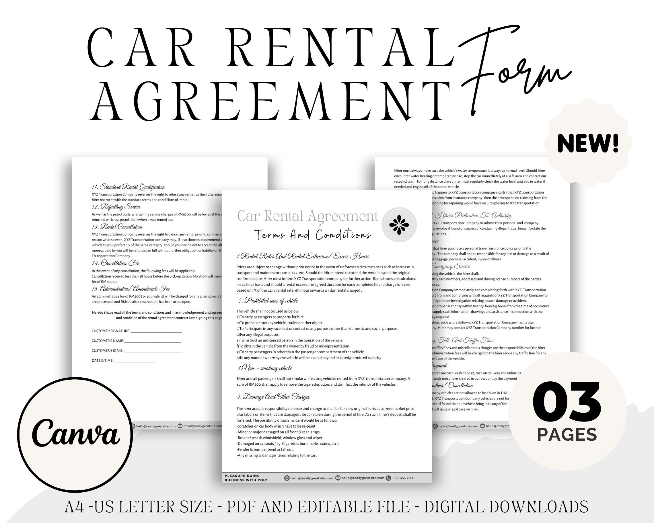 Editable Car Rental Agreement Template, Vehicle Rental Agreement, Car ...