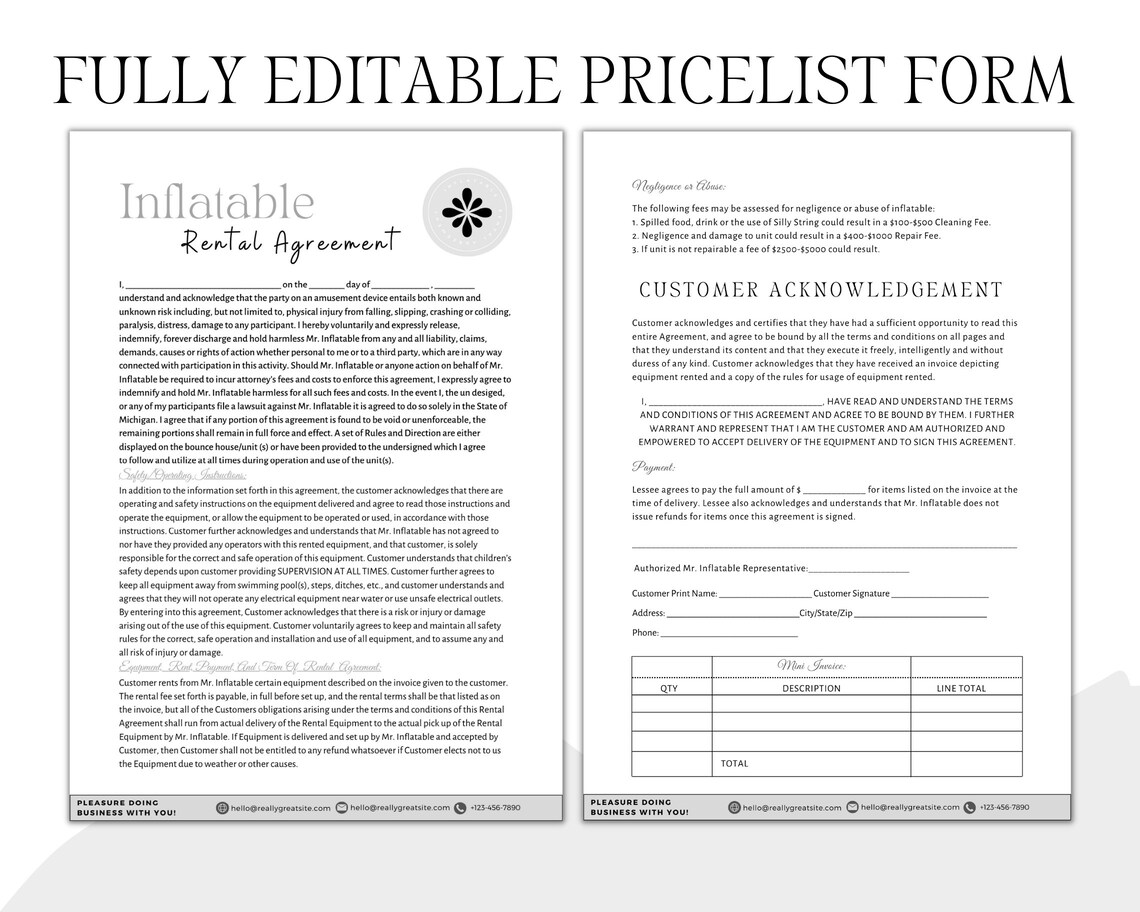 Professional Inflatable Rental Agreement 3 Pages, Rental Contract and ...