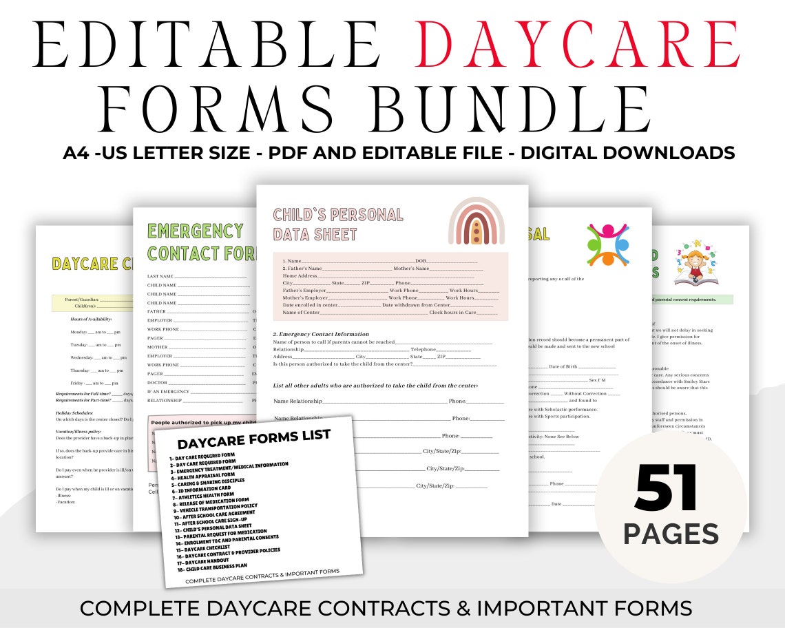 Editable Daycare Contract Forms 51 Pages, Daycare Starter Kit ...