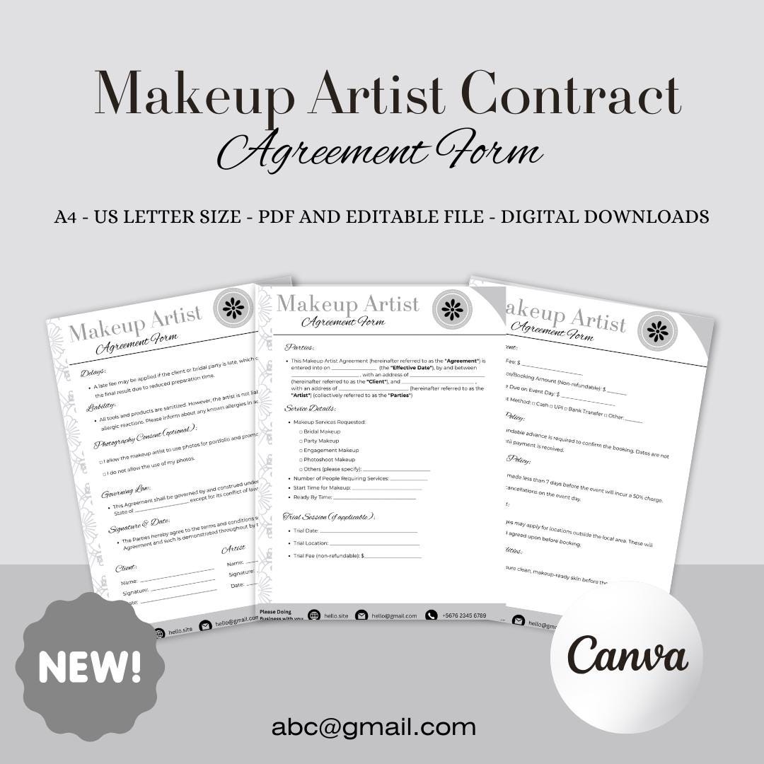 Makeup Artist Contract, Wedding Makeup Forms, Makeup Contract Agreement ...
