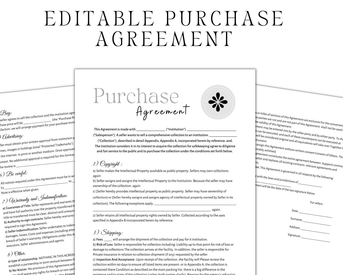 Editable Purchase Agreement Template, Purchase Contract Form, Business ...