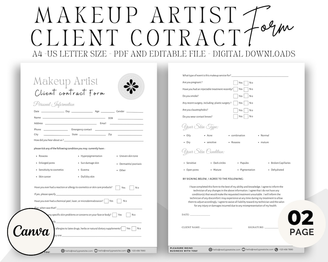 Editable Makeup Artist Contract Forms, Makeup Service Template, Canva ...