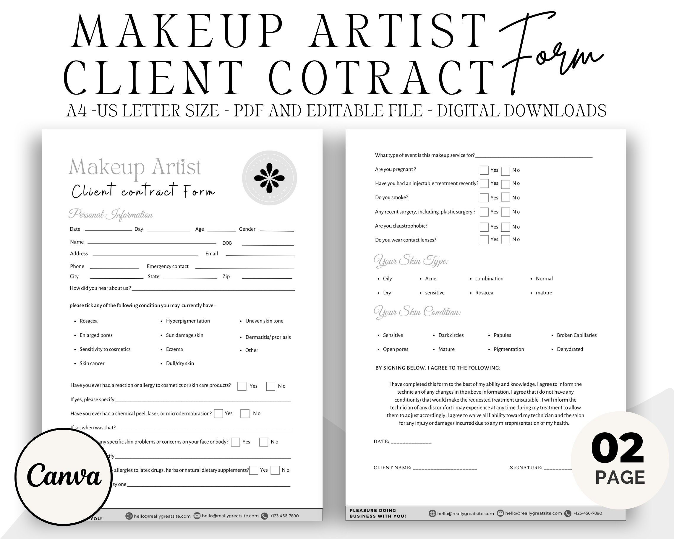 Editable Makeup Artist Contract Forms, Makeup Service Template, Canva ...