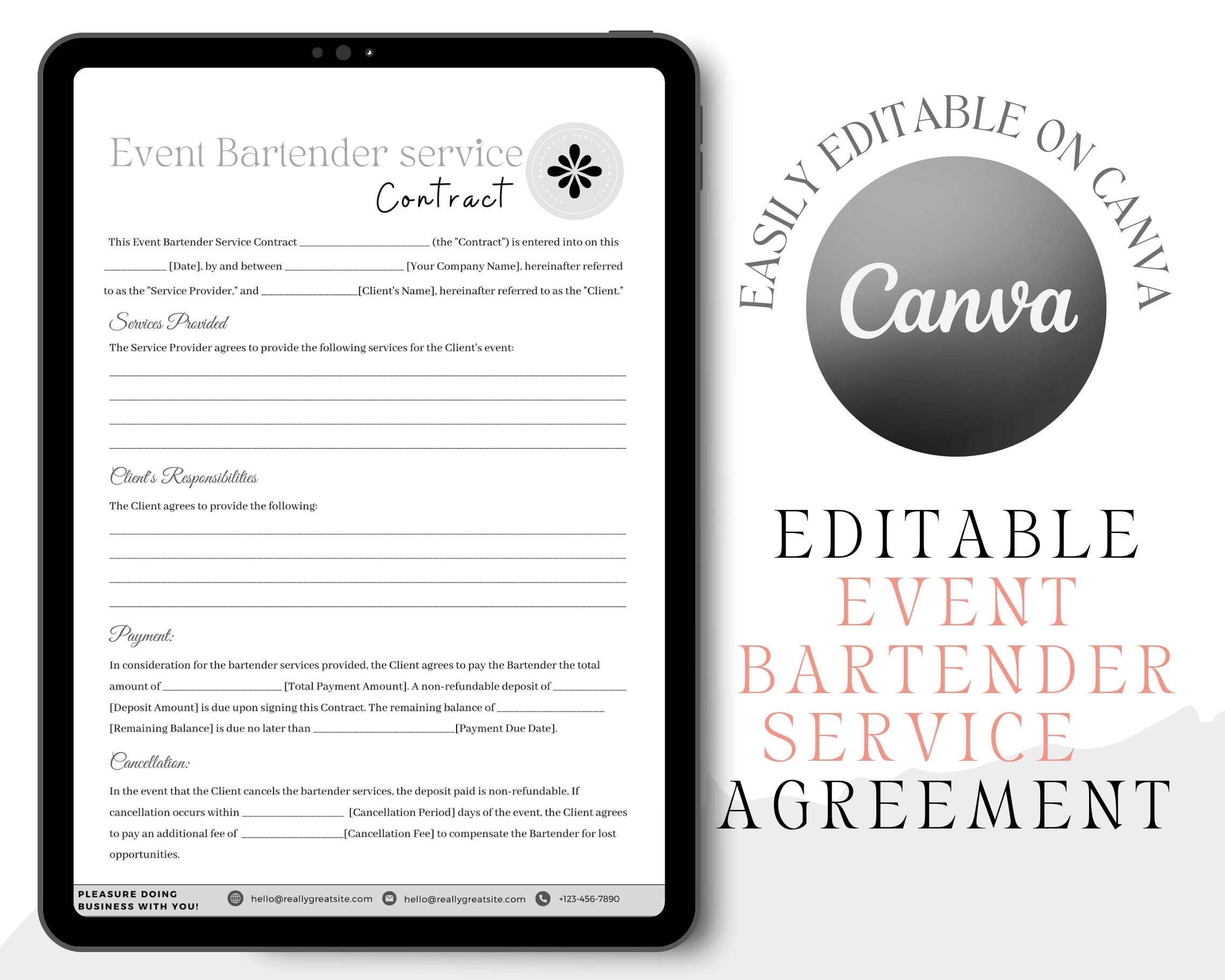 Bartender Agreement Contract Bartending Editable Template Bartender ...