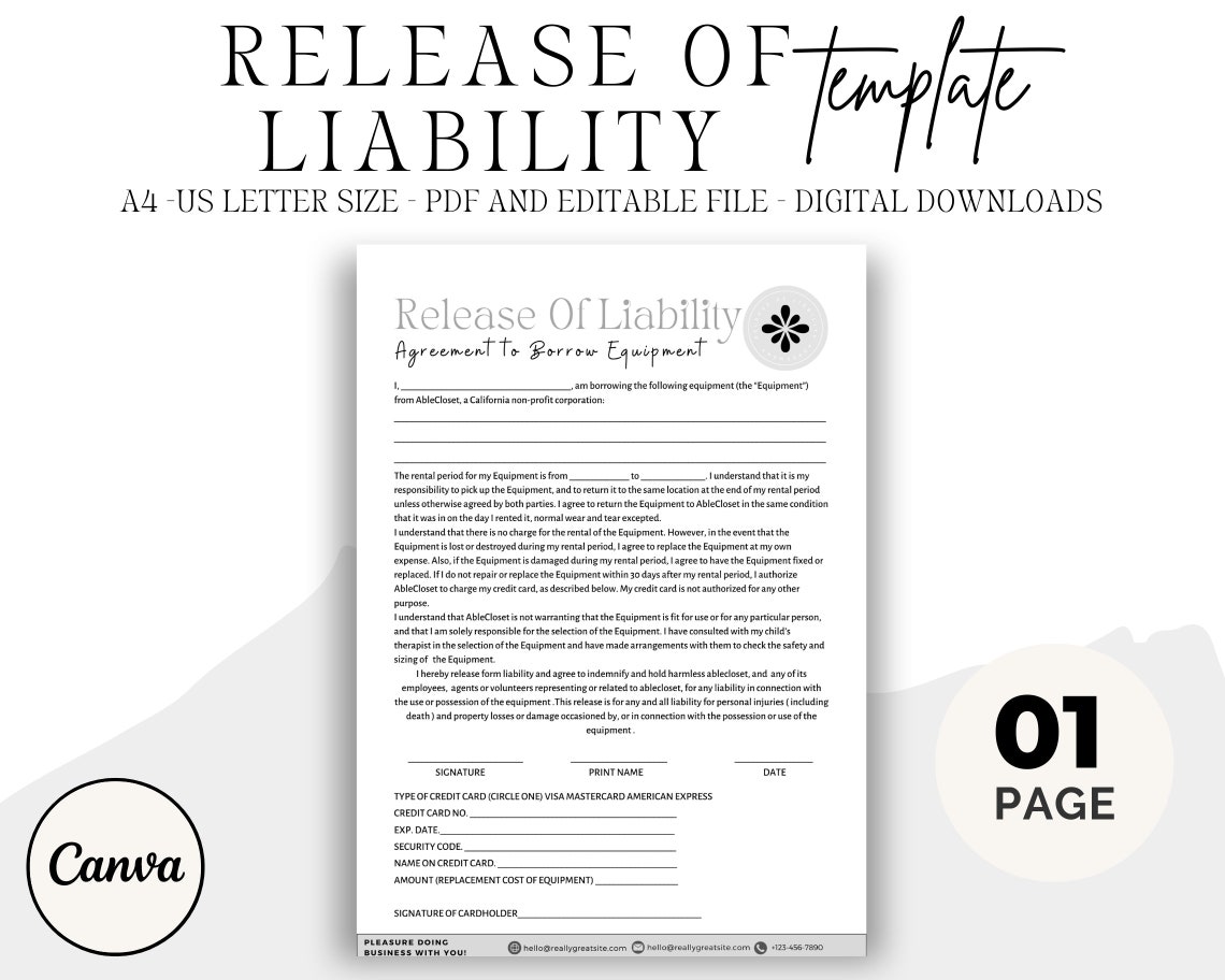 Editable Release of Liability Template General Instant Download, Waiver ...
