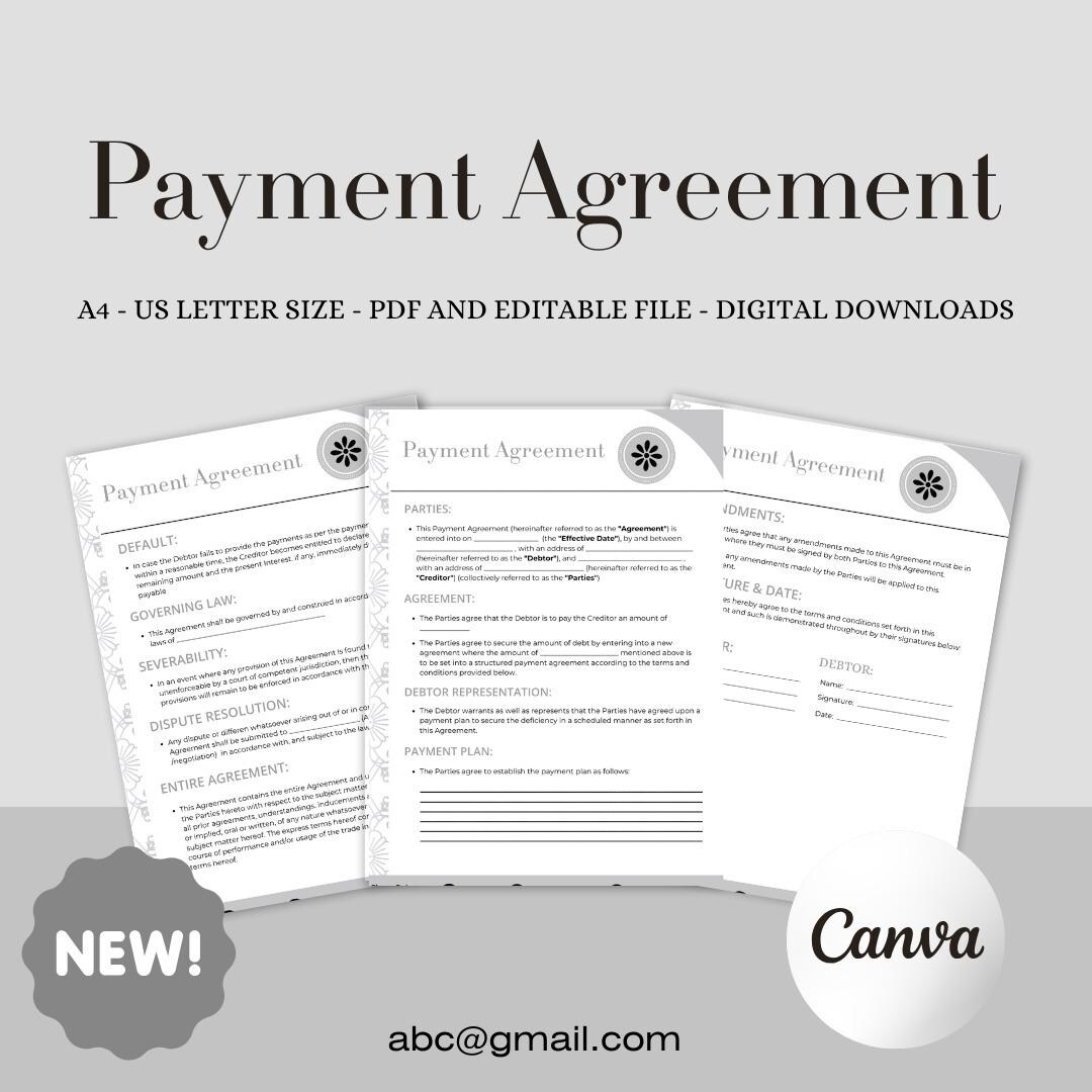 Editable Payment Contract Template, Payment Plan Agreement, Repayment ...