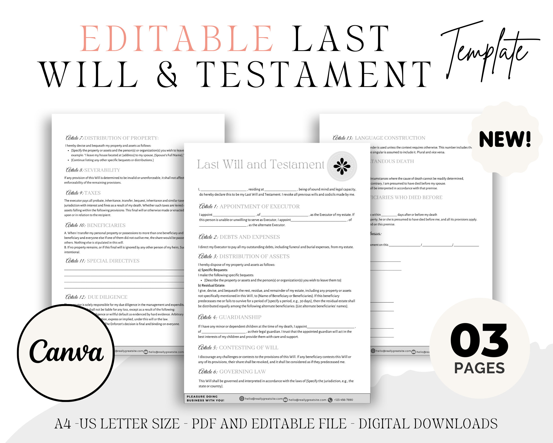 Editable Last Will and Testament Form Template, Printable Last Will ...